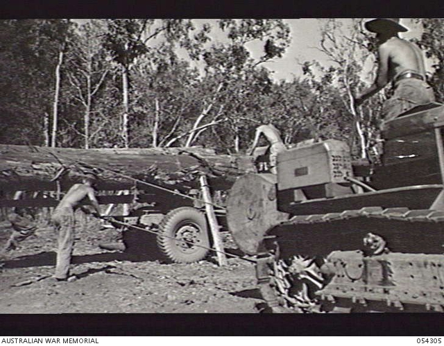 BLACK JUNGLE, NT, 1943-07-23. LOADING LOGS ON A TIMBER JINKER OF THE ...