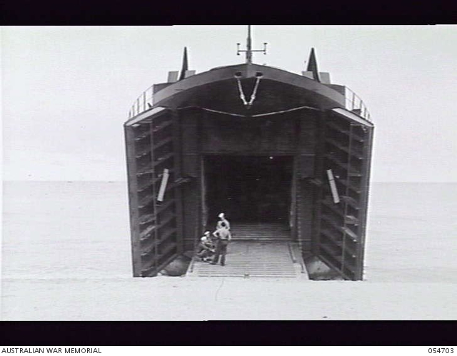 CAIRNS, QLD. 1943-07-27. CLOSE UP OF THE BOWS OF AN LST (LANDING SHIP ...