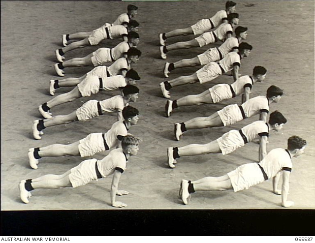 Flinders, Vic. 1943-08-19. Second year cadets at physical training at ...