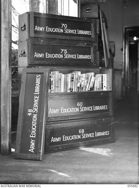 NORTHAM, WA. 1943-08-11. AUSTRALIAN ARMY EDUCATION SERVICE LIBRARIES BOOK BOXES READY FOR ...