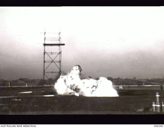 FLEMINGTON, VIC. 1943-09-04. OIL BOMB EXPLODING DURING A CIVIL DEFENCE ...