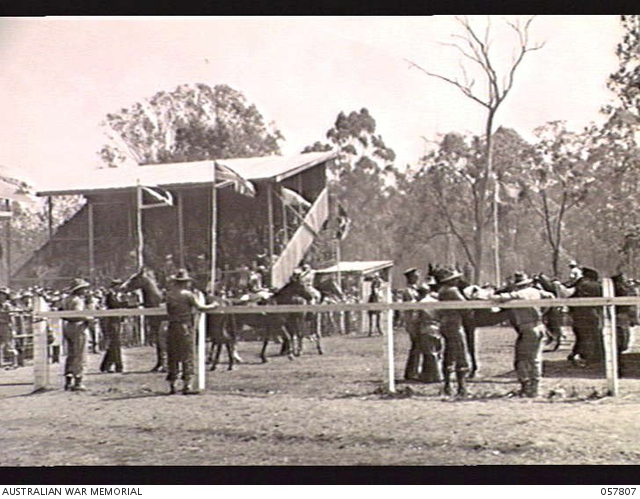 WONDECLA, QLD. 1943-10-02. VIEW OF THE SADDLING PADDOCK, DURING THE 6TH ...