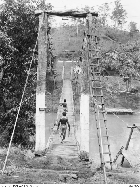 SOGERI, NEW GUINEA. 1943-11-20. WIRE SUSPENSION BRIDGE OVER THE LALOKI ...