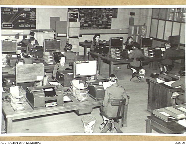 MELBOURNE, VIC. 1943-12-06. TELEPRINTER ROOM AT LAND HEADQUARTERS SIGNALS. THIRTY TO THIRTY FIVE ...