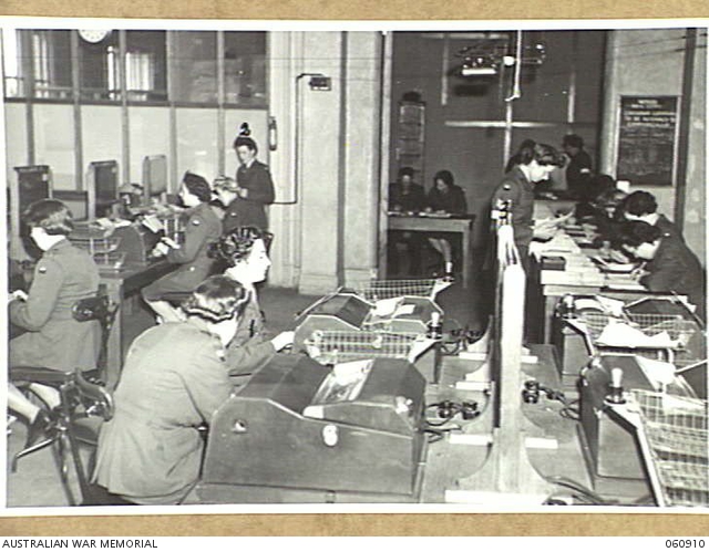 MELBOURNE, VIC. 1943-12-06. TELEPRINTER ROOM AT LAND HEADQUARTERS SIGNALS. THIRTY TO THIRTY FIVE ...