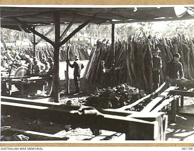 GRAYTOWN, VIC. 1943-12-01. PRISONERS OF WAR CUTTING FIREWOOD ON A ...