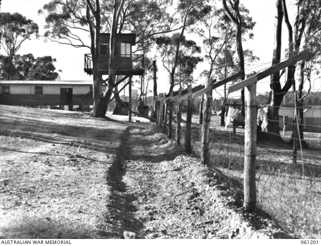 GRAYTOWN, VIC. 1943-12-01. PORTION OF THE BOUNDARY FENCE AND ONE OF THE ...