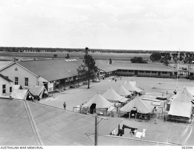 YANCO, NSW. 1944-01-22. VIEW FROM THE WATER TOWER SHOWING THE MESS ...