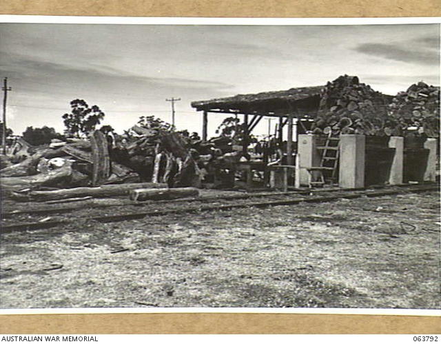 YANCO, NSW. 1944-01-28. SAWMILL AND RAILWAY SIDING WHERE THE ITALIAN ...