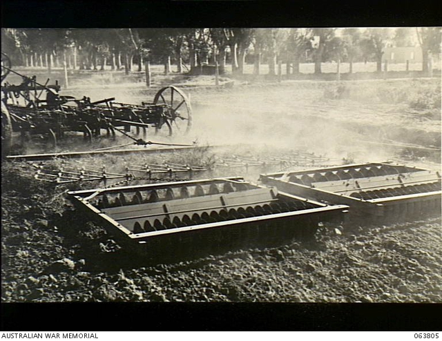 Yanco, NSW. 1944-01-29. Scarifier, 4-leaf harrows and Meka harrows ...