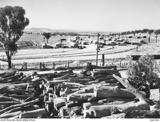 COWRA, NSW. 1944-02-04. STACKS OF LOGS IN THE WOODYARD OF THE 12TH ...