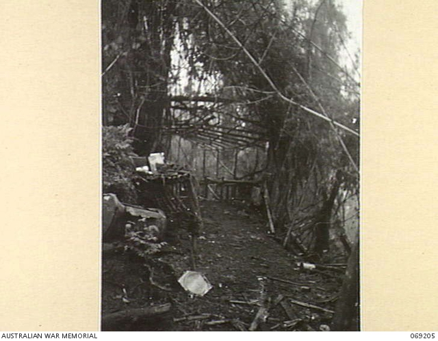 NEW GUINEA. APRIL, 1944. A WRECKED AND DEVASTATED COOKHOUSE ON SHAGGY ...
