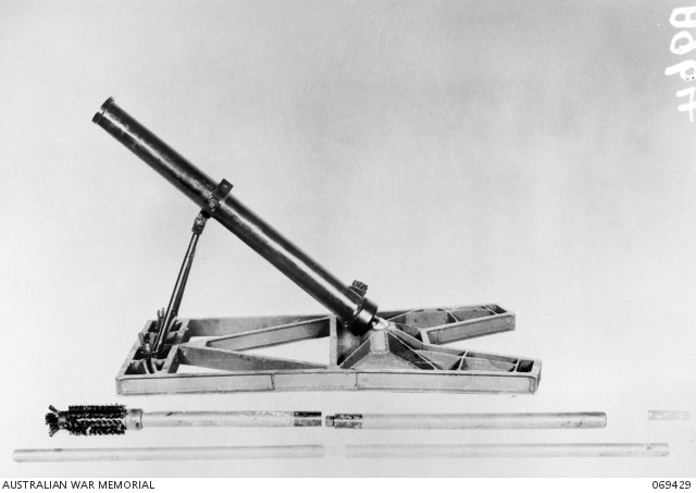 ST. LUCIA, QLD. 1942-10. A CAPTURED JAPANESE MORTAR WITH BASE PLATE AND ...