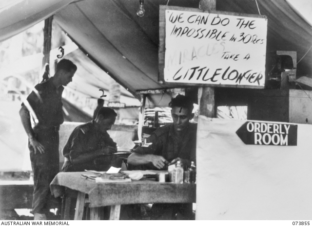 Madang, New Guinea. 1944-06-14. The tented Orderly Room at 266th Light ...