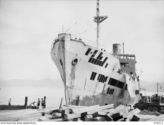 LAE, NEW GUINEA. 1944-07-05. A BLITZED JAPANESE MERCHANT VESSEL, THE ...