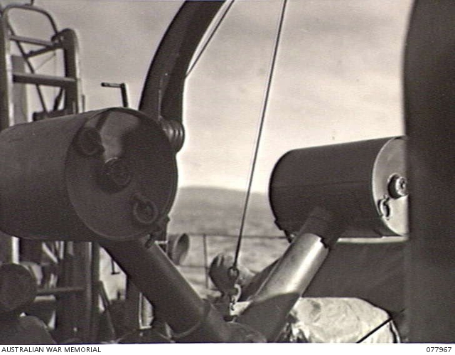 AT SEA. C. 1944-12-31. THE "Y" GUN LOADED WITH DEPTH CHARGES ABOARD THE ...