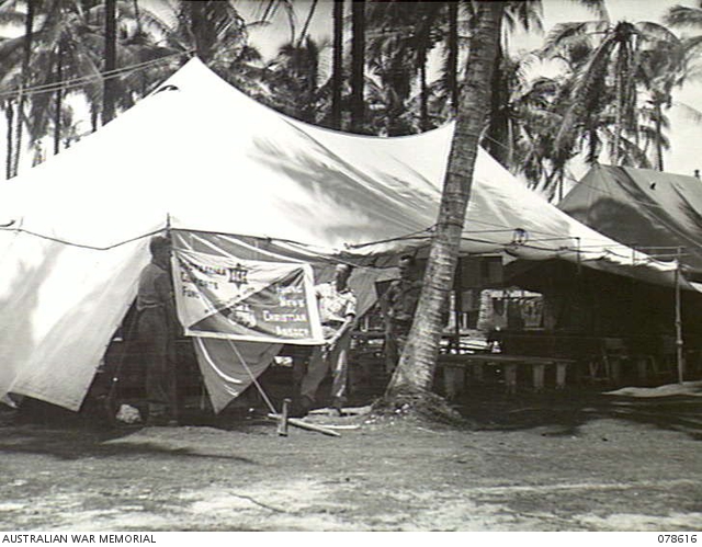 PALMALMAL PLANTATION, NEW BRITAIN. 1945-01-27. THE TENT HEADQUARTERS OF ...