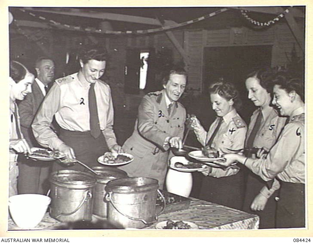 CAMP PELL, VIC. 1944-12-25. COLONEL S H IRVING, (3), AT 4 AWAS BARRACK ...