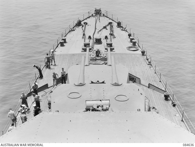 SYDNEY HARBOUR, NSW. 1944-12-19. THE BOW OF HMAS HOBART VIEWED FROM THE ...