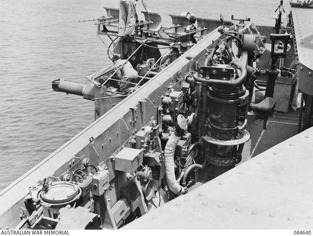 SYDNEY HARBOUR, NSW. 1944-12-19. THE STARBOARD WING ON THE BRIDGE ...