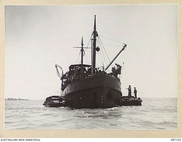 REDCLIFFE, QLD. 1945-03-01. THE SS MARGARET, A 3,000 TON VESSEL, VIEWED ...