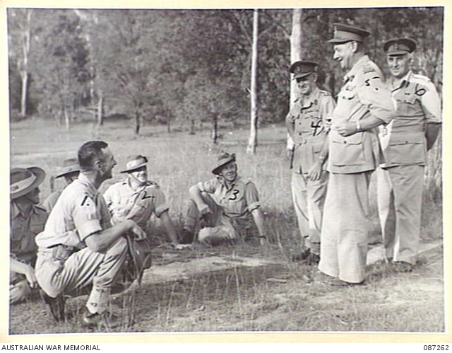 STRATHPINE, QLD. 1945-03-05. MAJOR GENERAL C H SIMPSON, (5), SPEAKING ...