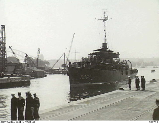 SYDNEY, NEW SOUTH WALES. 1945-04-02. HMAS LACHLAN CARRYING THE DUKE AND ...