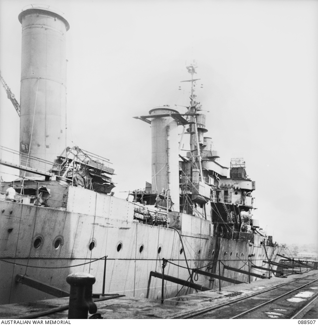COCKATOO ISLAND, SYDNEY, NEW SOUTH WALES. 1945-04-12. HMAS AUSTRALIA AT ...