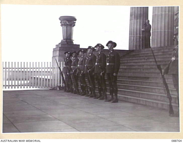 MELBOURNE, VICTORIA. 1945-04-25. THE SHRINE GUARD "AT EASE" ON THE ...