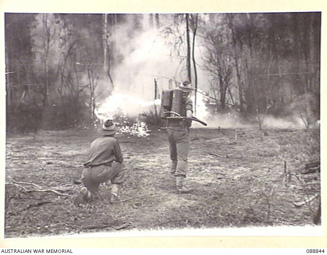 DANBULLA, ATHERTON TABLELAND, QUEENSLAND. 1945-04-17. FLAME THROWER ...