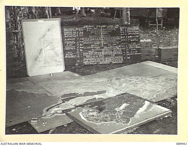 MOROTAI. 1945-05-17. THE RELIEF MAP AND BLACKBOARD WHICH WAS USED AT ...
