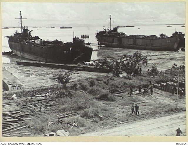 TARAKAN, BORNEO. 1945-05-01. LANDING SHIP, TANK (LST) HIGH AND DRY AT ...