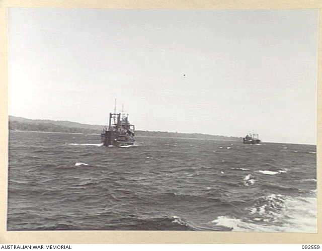 BOUGAINVILLE. 1945-05-25. AUSTRALIAN ARMY SMALL SHIPS MOVING UP THE ...