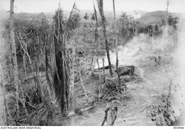 ULUPU, NEW GUINEA, 1945-07-09. FIRES BURNING FROM RAAF BEAUFORT AIR ...