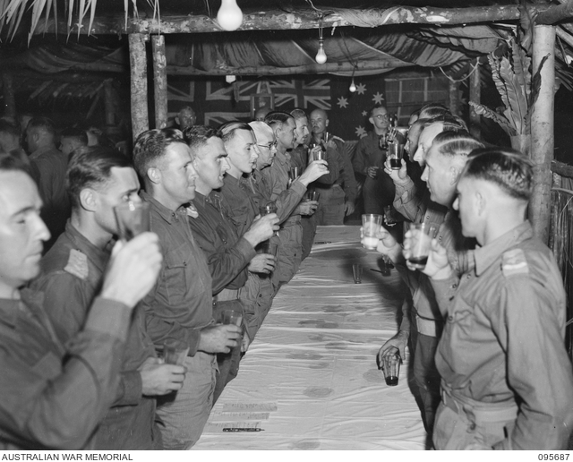 TOKO, BOUGAINVILLE. 1945-08-28. TOAST TO THE KING DURING THE DINNER ...