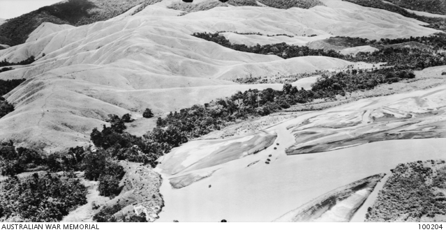 Markham River, New Guinea. 1943-09-05. Aerial view of boats used as a ...
