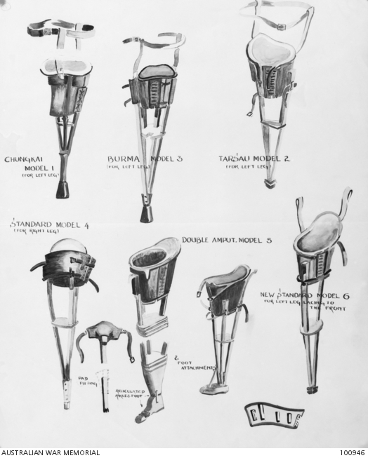 Nakom Paton, Thailand. 1944-45. Various types of improvised prosthetics ...