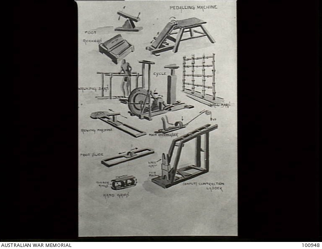 Nakom Paton, Thailand. 1944-45. Various types of improvised exercise ...