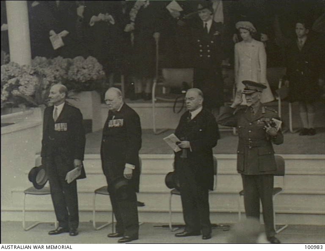 London, England. 1946-08-06. On the dais at the saluting base during ...