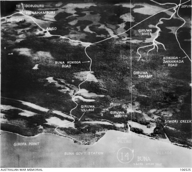 Buna, New Guinea. 1942-10-07. An aerial reconnaissance photograph of ...