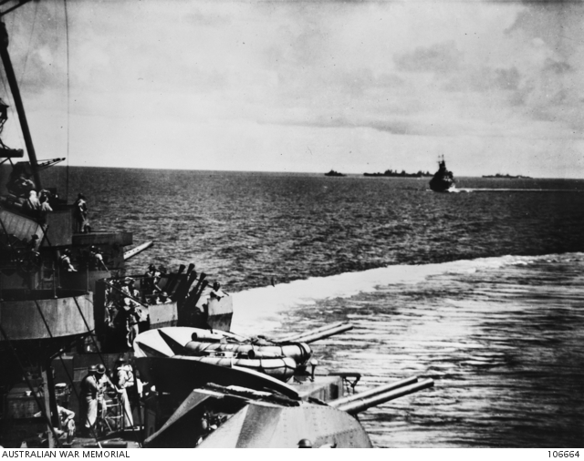 HMAS SHROPSHIRE AND SHIPS OF TASK FORCE 74 MANOEUVRING AT SEA DURING AN ...