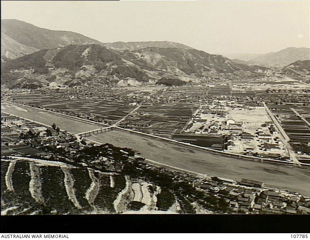 Hiro, Japan. 1948-05-06. Elevated view of the camp area of British ...