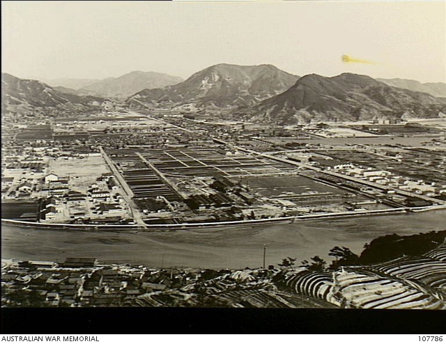 Hiro, Japan. 1948-05-06. Elevated view of the camp area of British ...