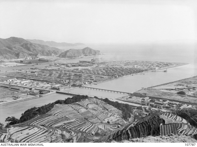 Hiro, Japan. 1948-05-06. Elevated view of the camp area of British ...
