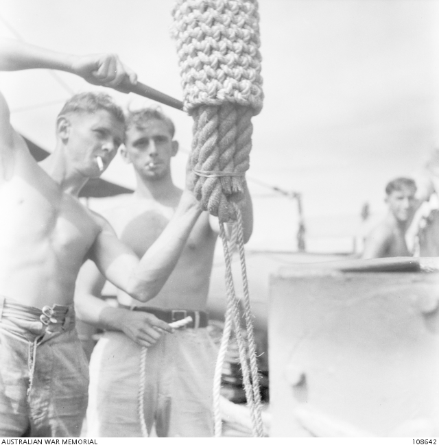 AT SEA, 1945-05-22. LEADING SEAMAN R. RIDEOUT (1) AND ORDINARY SEAMAN W ...