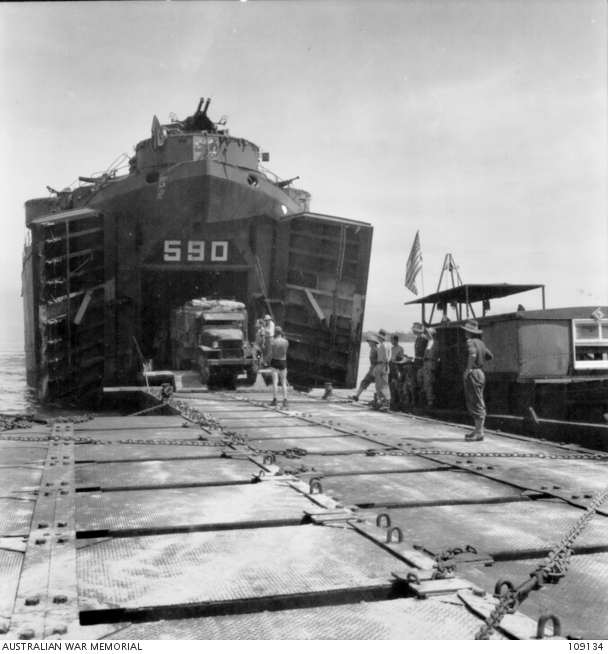 LABUAN ISLAND. 13 JUNE 1945. LANDING SHIP, TANK (LST) 590 IN THE ...