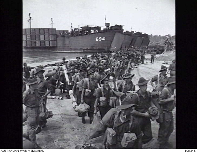 MOROTAI. 13 JUNE 1945. UNITS OF 7 DIVISION ARRIVED AT MOROTAI BY CONVOY ...