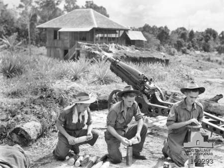 BRUNEI BAY AREA, NORTH BORNEO. 12 JUNE 1945. TROOPS OF 2/8 FIELD ...