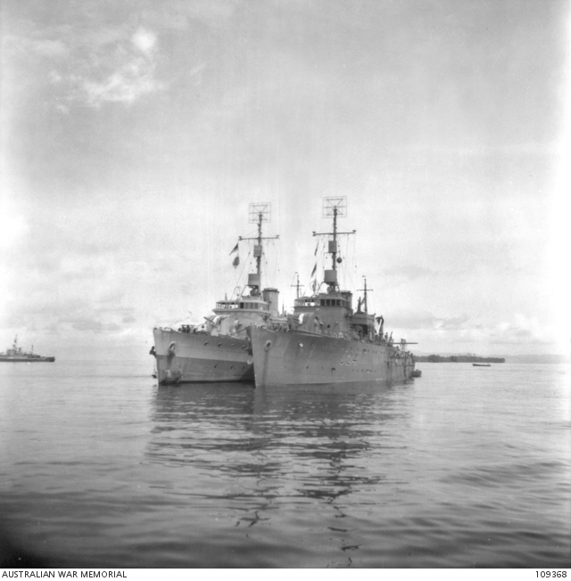MOROTAI AREA. 2 JUNE 1945. THE RAN CORVETTES J241 HMAS BUNBURY, AND ...