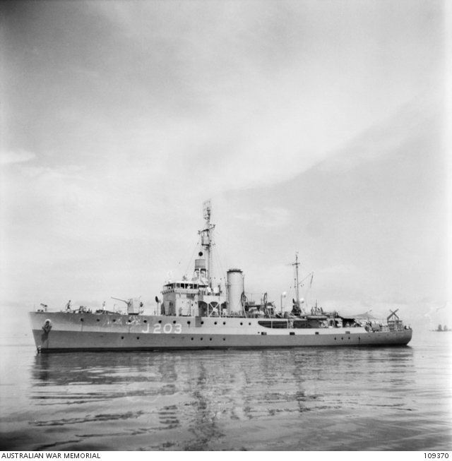 MOROTAI AREA. 2 JUNE 1945. THE RAN CORVETTE J203, HMAS ROCKHAMPTON ...